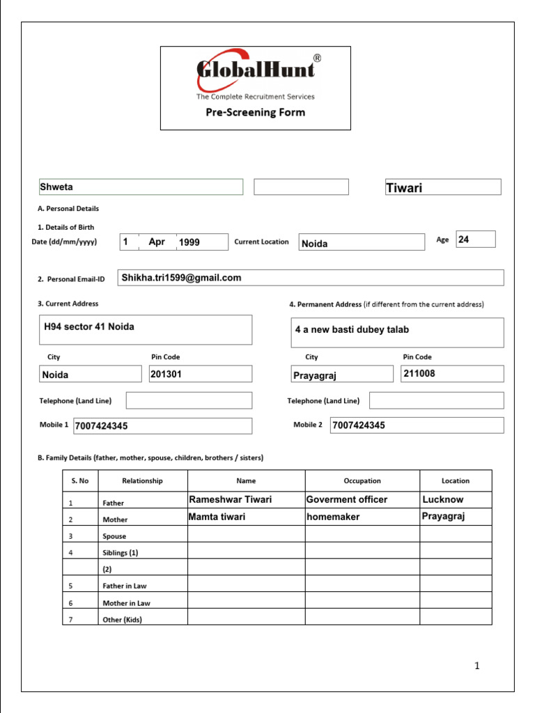 Pre Screening Form - GlobalHunt | PDF