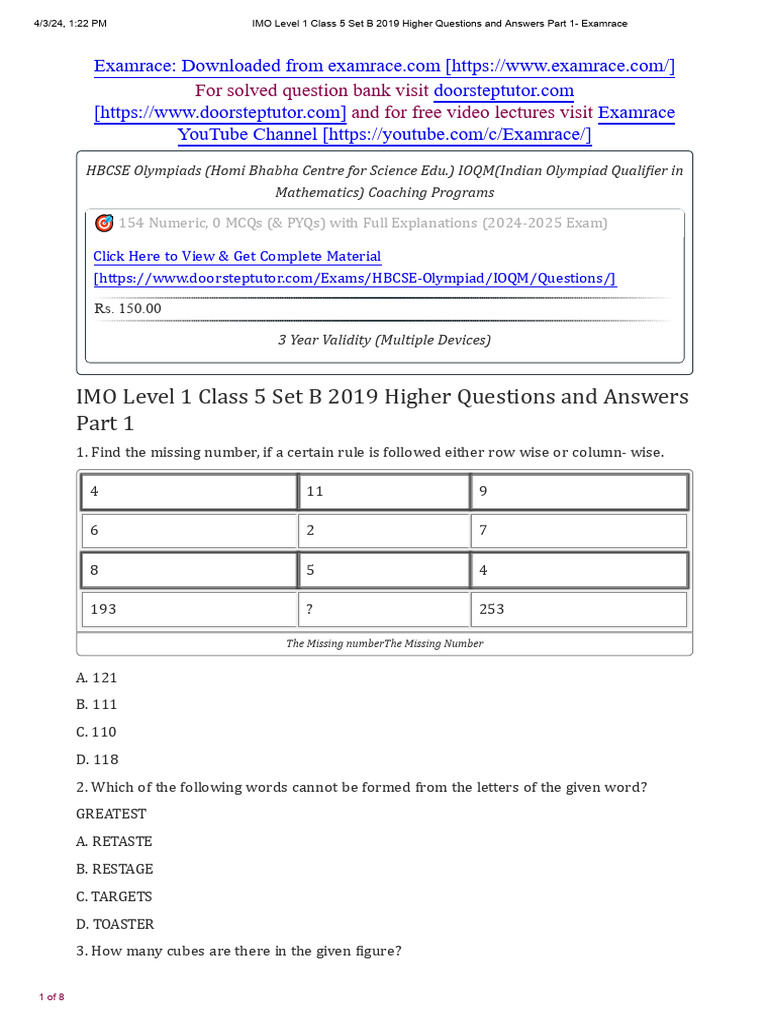 IMO Level 1 Class 5 Set B Solutions | PDF