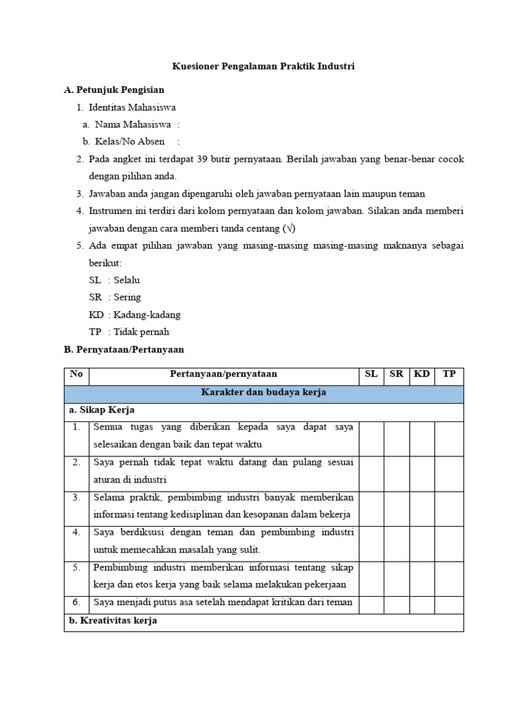 Kuesioner Pengalaman Praktik Industri Proposal | PDF