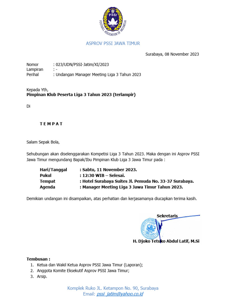 Undangan Manager Meeting Liga 3 Tahun 2023 | PDF
