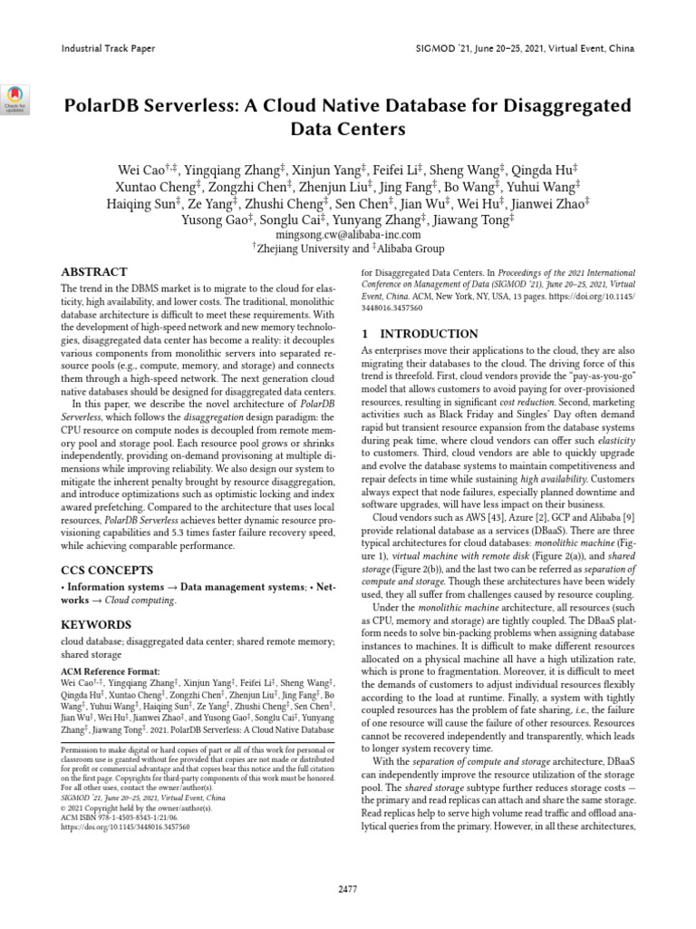 Polardb Serverless: A Cloud Native Database For Disaggregated Data Centers | PDF