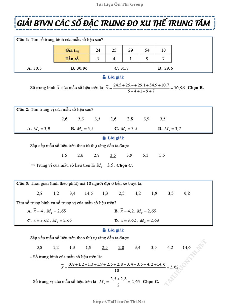 Giải BTVN - Các số đo đặc trưng đo xu thế TT | PDF
