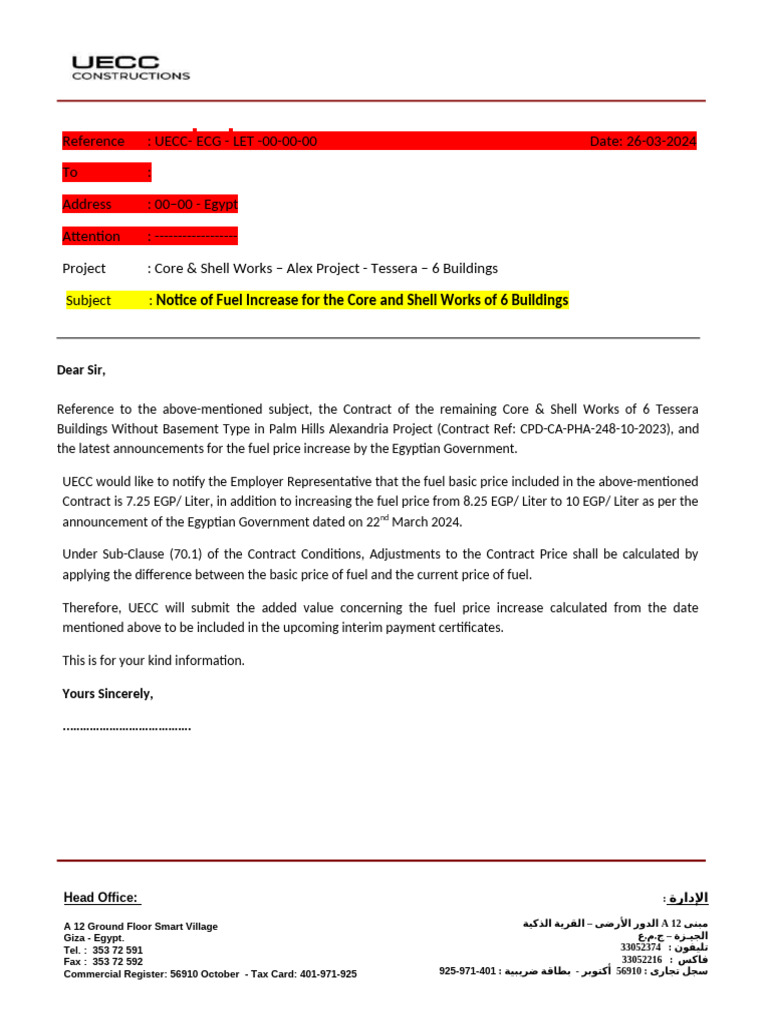 Notice of Fuel Increase For The Core and Shell Works of 6 Buildings ...