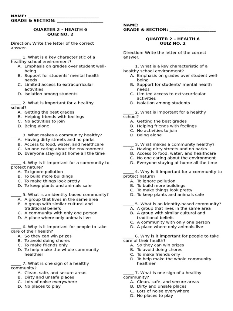 Q2 Health 6 Quiz No. 2 | PDF