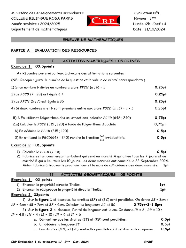 Eval 1 3ème - Bika | PDF