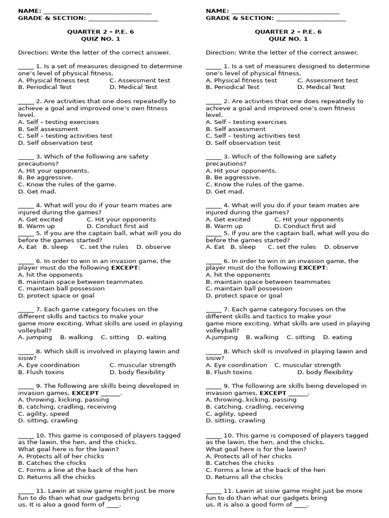 Q2 Pe Quiz No. 1 | PDF