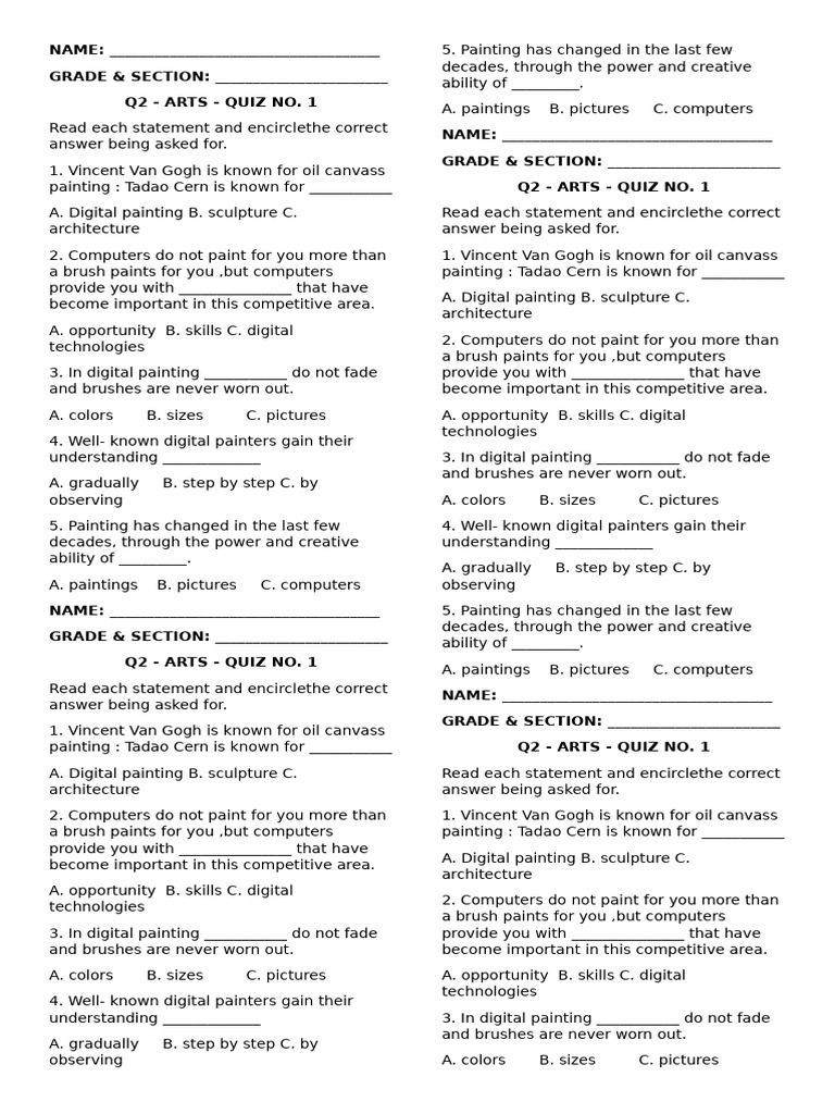 Q2 - Arts - Quiz No. 1 | PDF