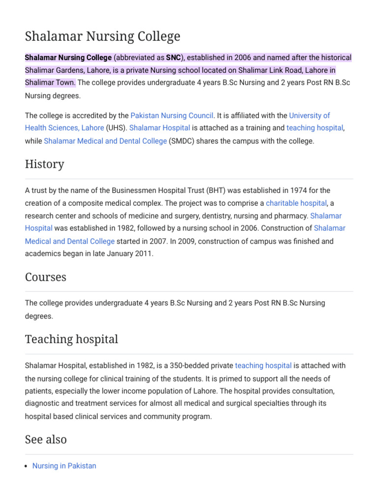 Shalamar Nursing College - Wikipedia | PDF | Public Services | Health Care