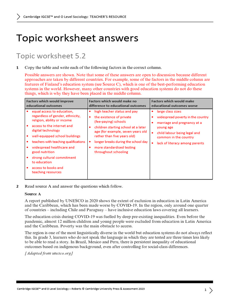 IGCSE Sociology TR Topic Worksheet 5.2 Answers | PDF