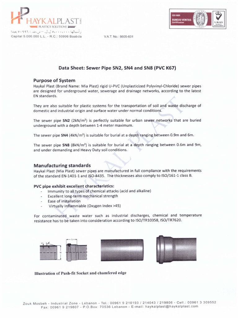 Haykal Plast Sewer Pipe SN2, SN4, SN8 Datasheet | PDF