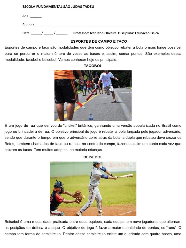 ATIVIDADE ESPORTES DE CAMPO E TACO - 5º ANO | PDF ATIVIDADE ESPORTES DE CAMPO E TACO - 5º ANO | PDF