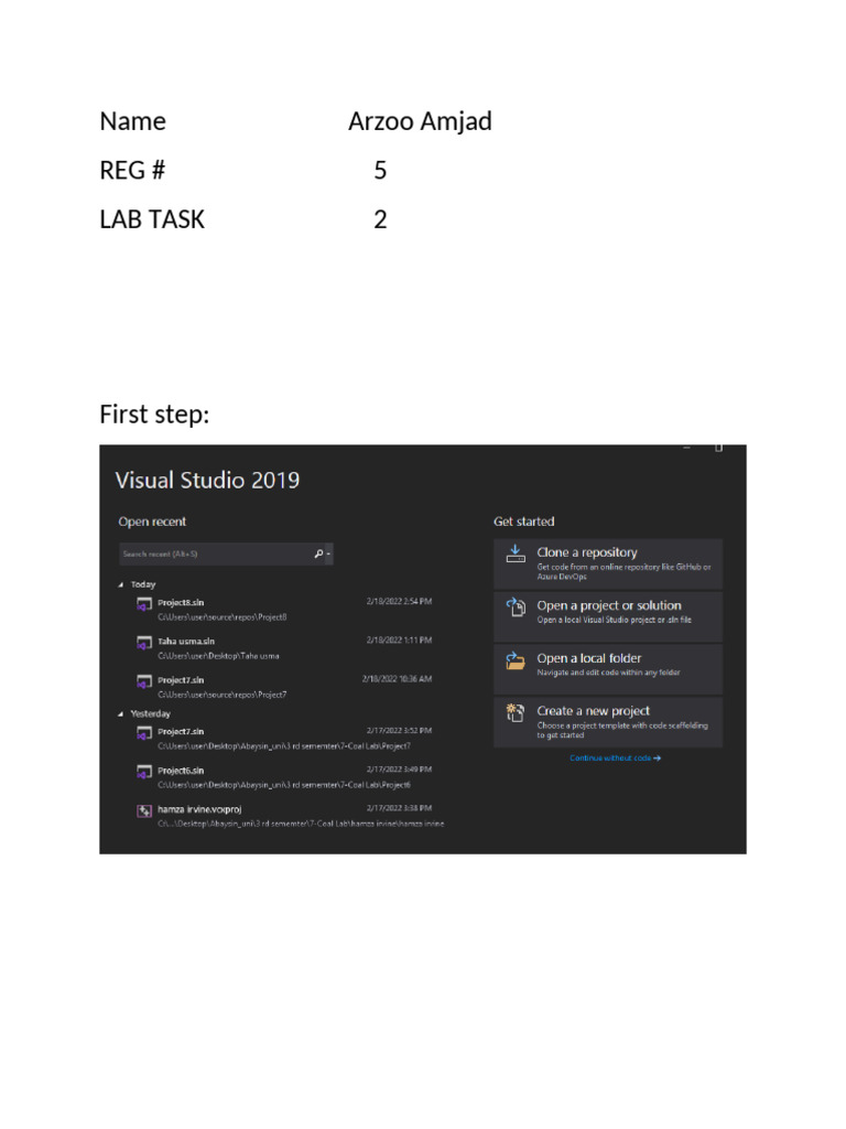 Name Arzoo Amjad Reg # 5 Lab Task 2 | PDF