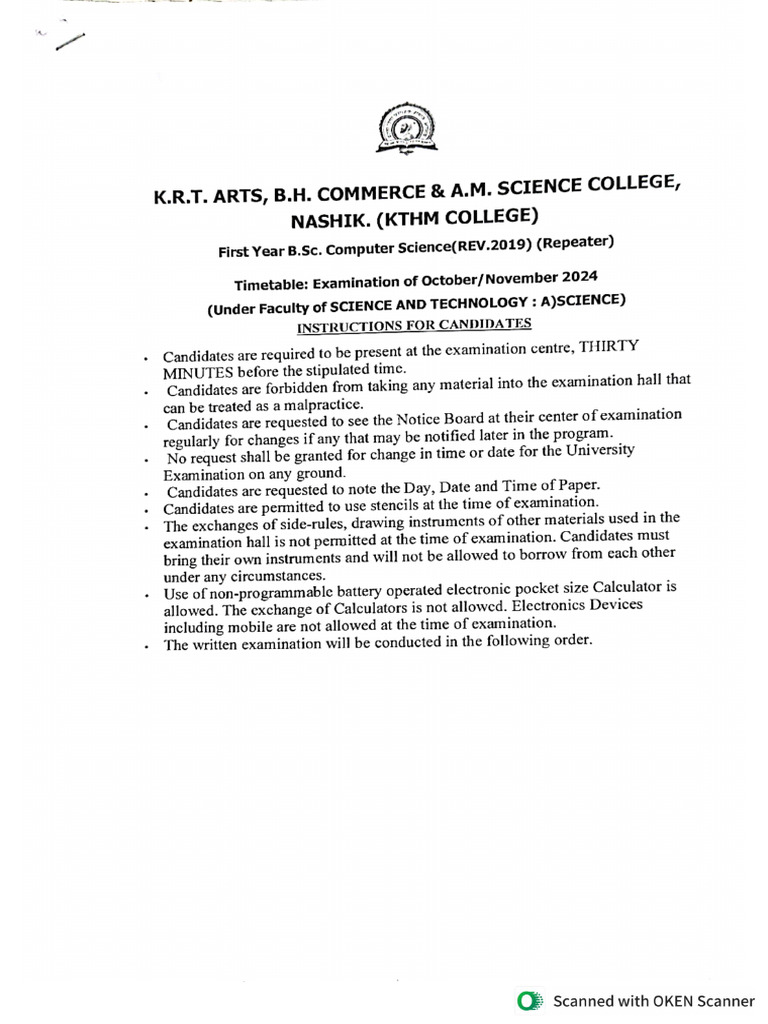 FY BSc. Computer Science. 2019 Patt. Exam Time Table Oct 2024 | PDF