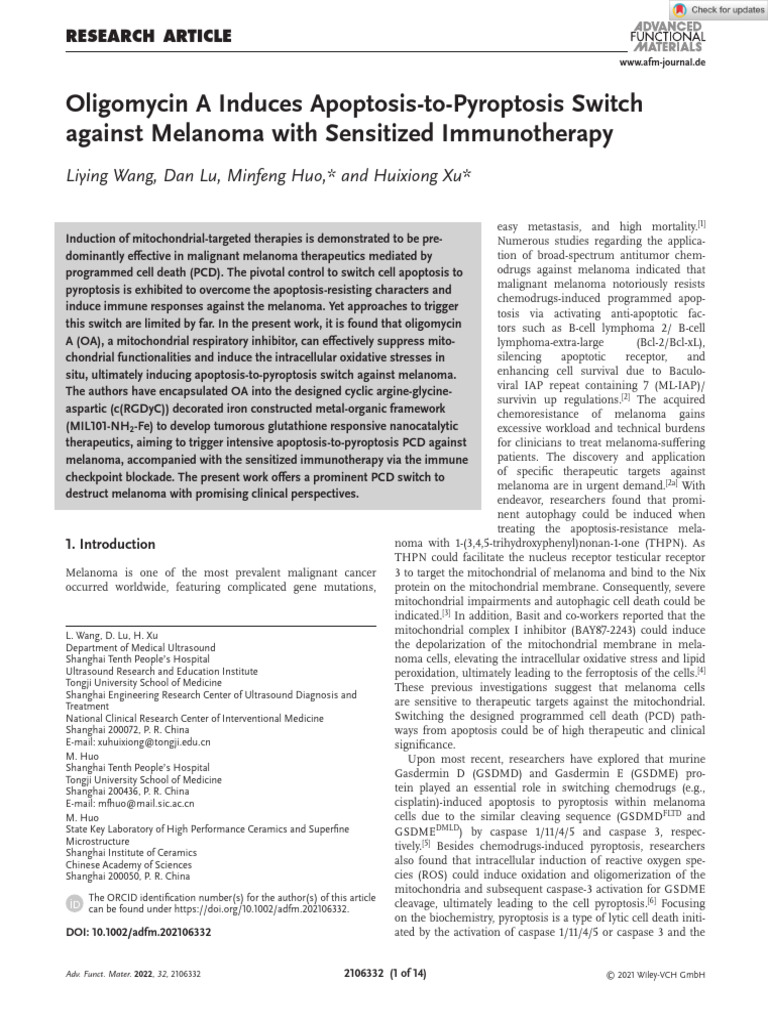 Adv Funct Materials - 2021 - Wang - Oligomycin A Induces Apoptosis To Pyroptosis Switch Against ...