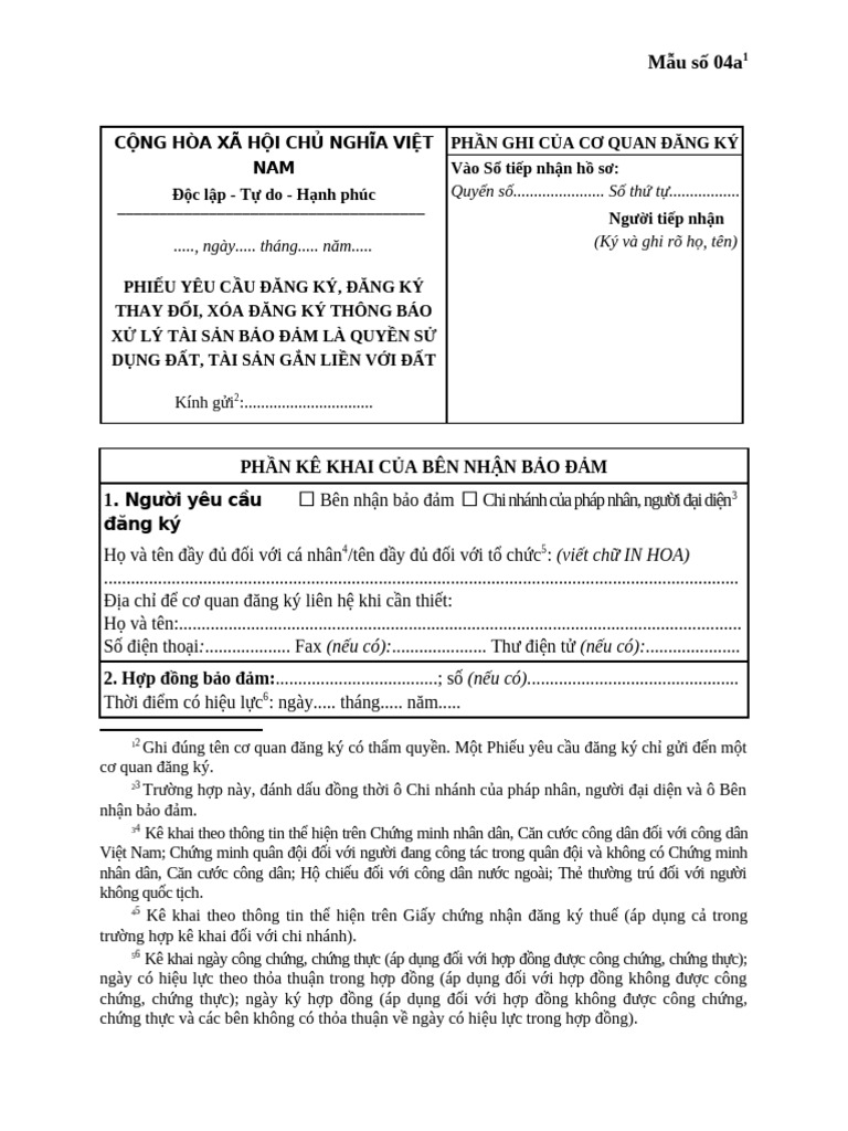 MẪU 04a - PHIẾU YÊU CẦU ĐĂNG KÝ, ĐĂNG KÝ THAY ĐỔI, XÓA ĐĂNG KÝ THÔNG ...