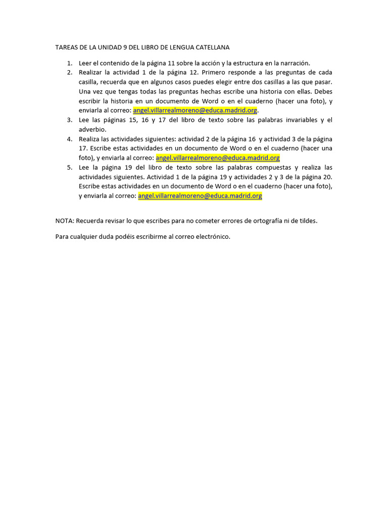 Tareas de La Unidad 9 Del Libro de Lengua Catellana | PDF