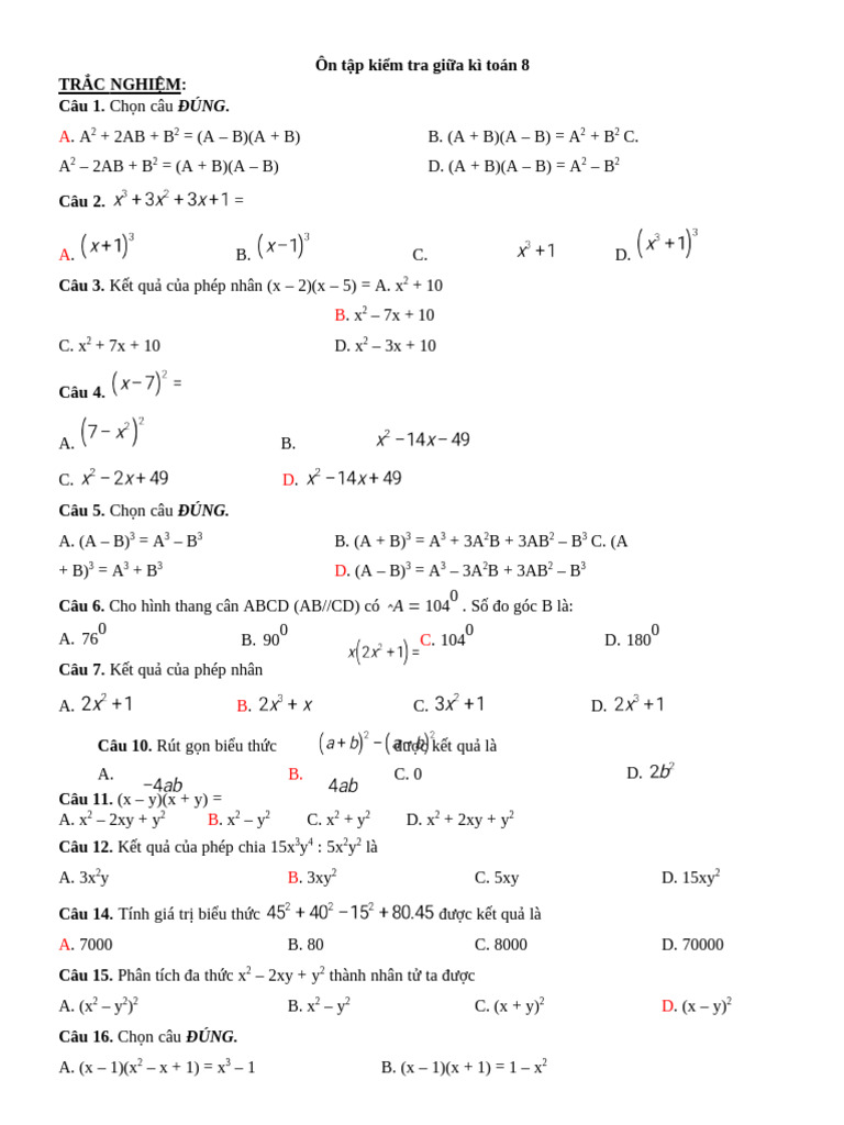 De Thi Toan Lop 8 Giua Hki NTM | PDF