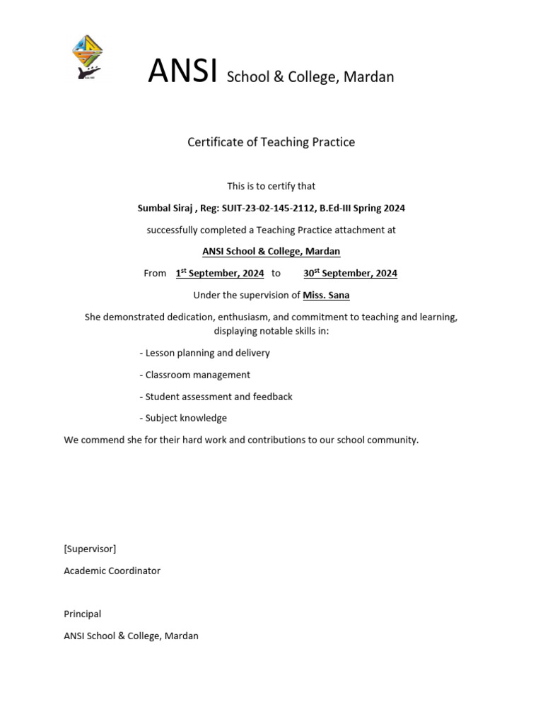 Teaching Practice Certificate Template | PDF