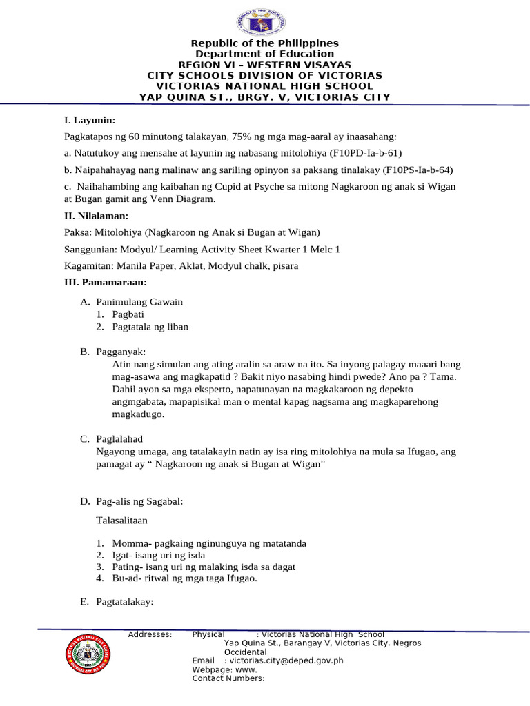 Banghay Aralin 10 (Mitolohiya, Nagkaroon NG Anak Sina Bugan at Wigan) | PDF