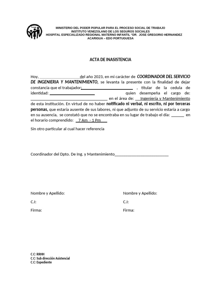 Acta de Inasistencia Ing y Mtto2023 | PDF
