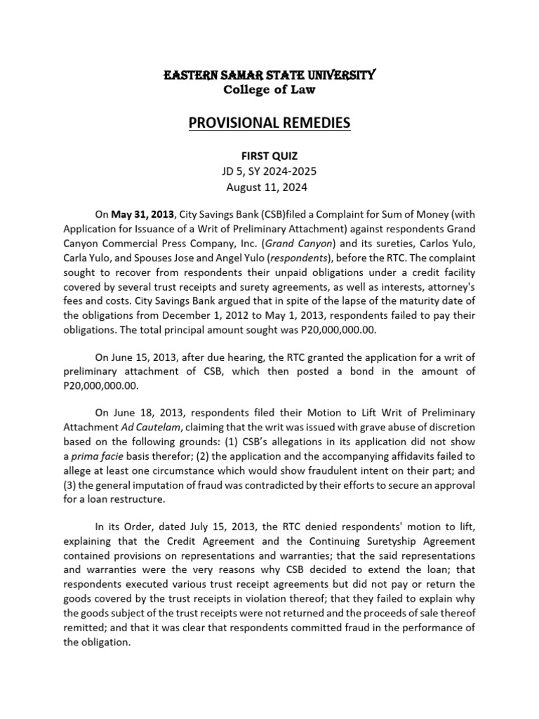 FIRST QUIZ Provisional Remedies | PDF