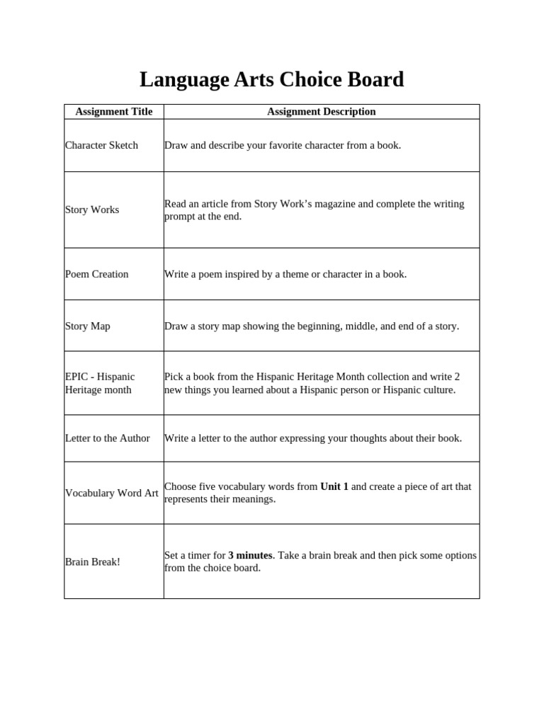 Choice Board - Sept | PDF