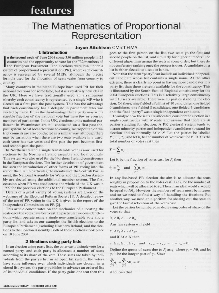 The Mathematics of Proportional Representation From MT October 2004 | PDF