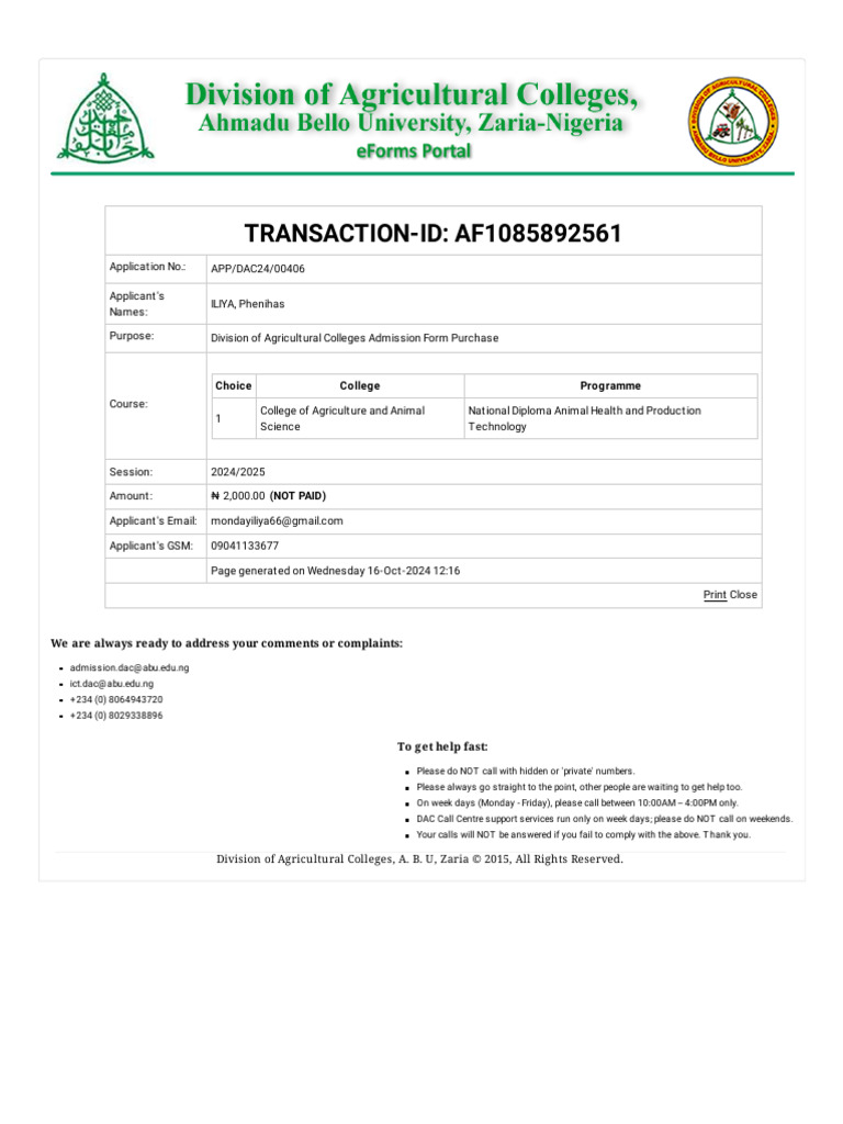DAC Online Application Form Transaction Slip | PDF