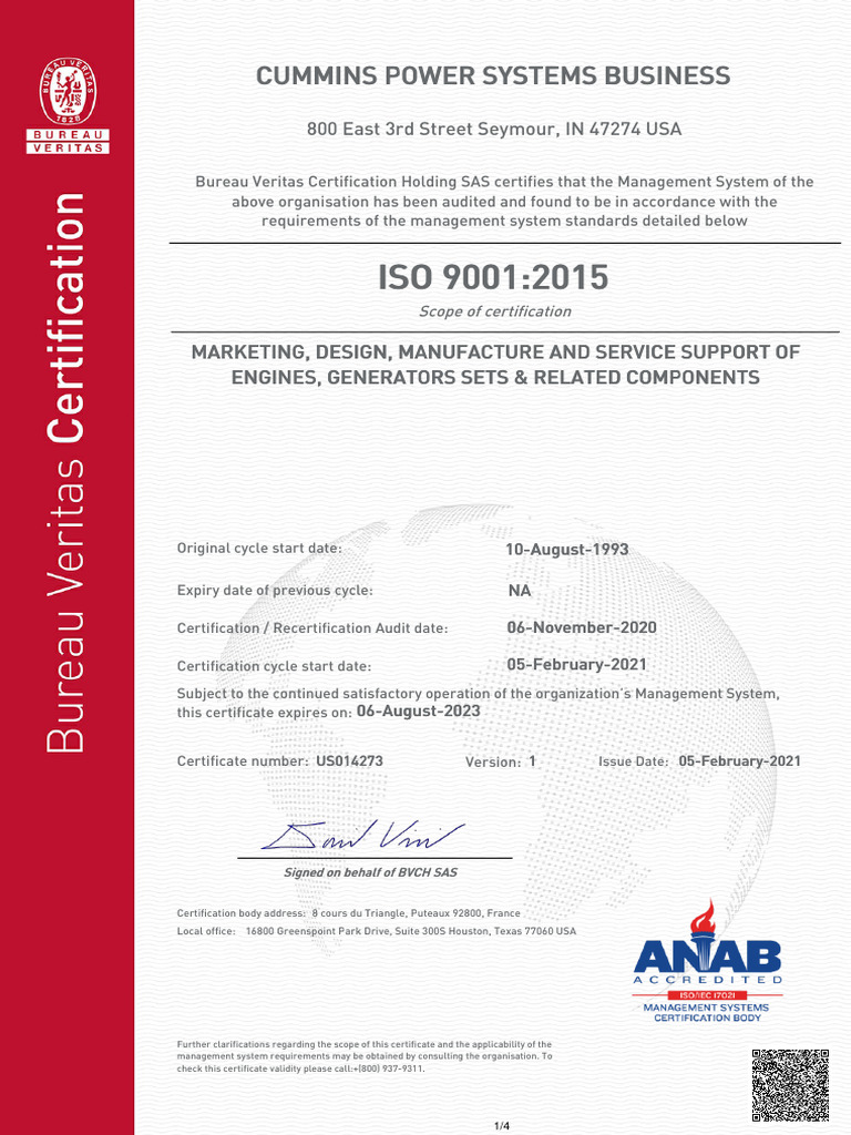 Cummins Power Systems 9K 4067465 ANAB Certificate | PDF