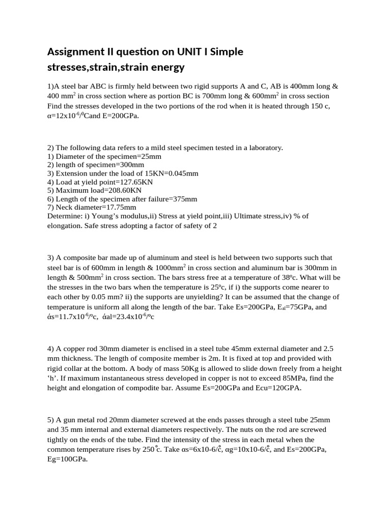 Assignment Question For 2024 Simple Stresses UNIT I SOM | PDF