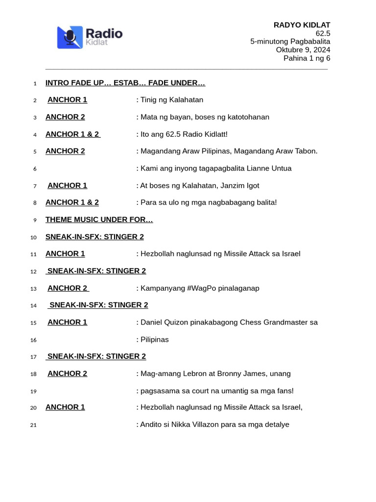 RADYO KIDLAT SCRIPT SAMPLE PDF