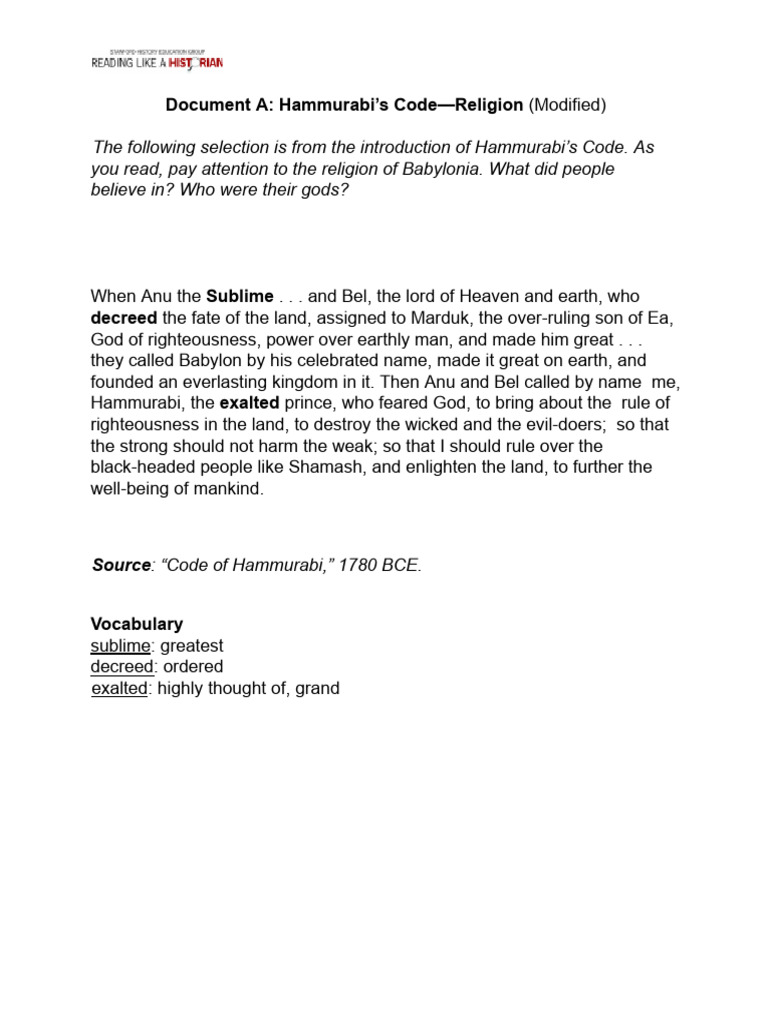 Hammurabi's Code Student Materials | PDF