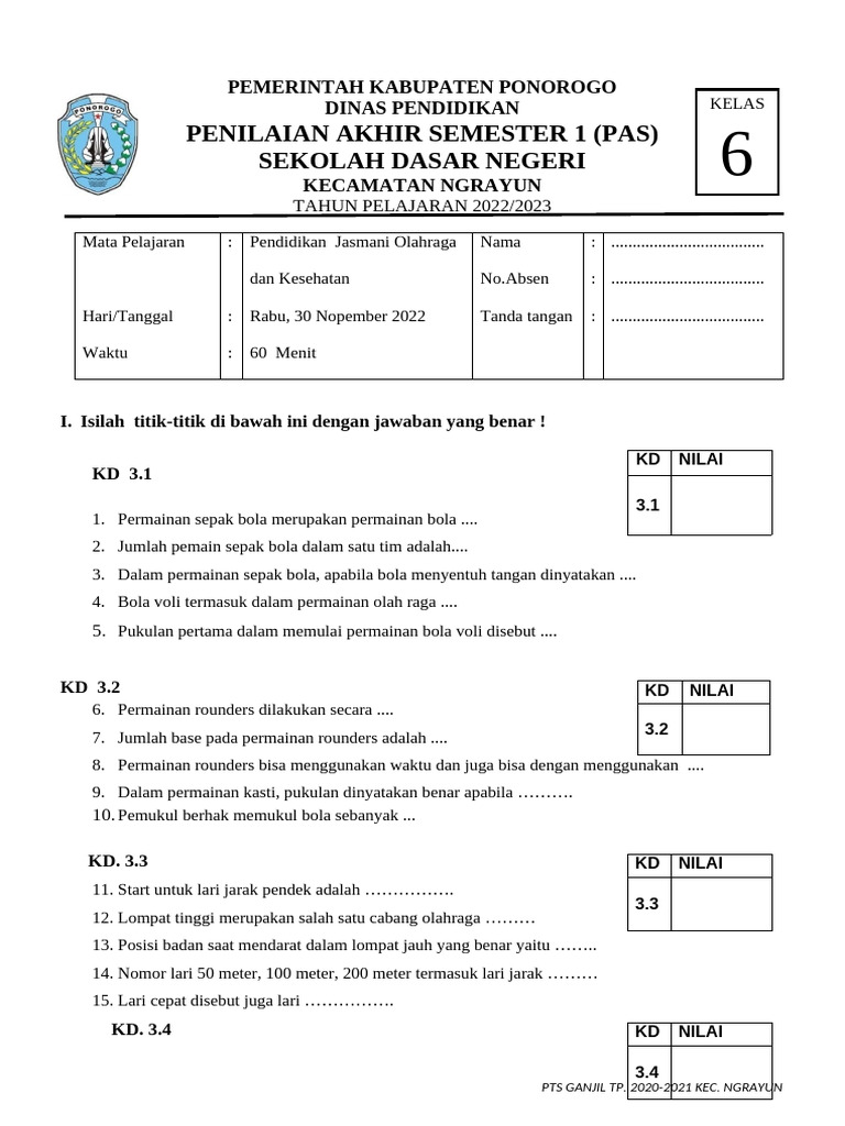 Pas Pjok Kelas - 6 - SMT - 1 - K - 13 - 2022.2023 | PDF