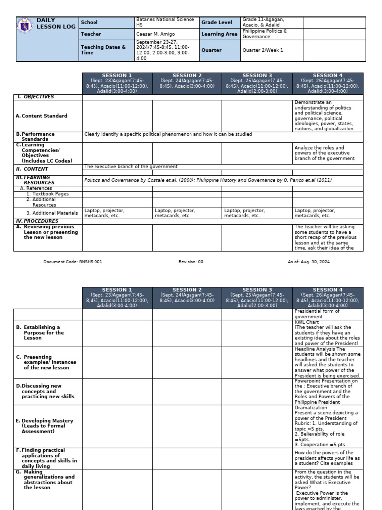 BNSHS-001-00-August-30-2024-DLL-Template-4-sessions PPG Q2 Week 1 Final | PDF