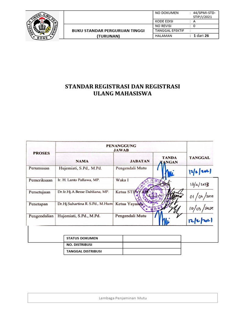 STD 4 Standar Registrasi Dan Registrasi Ulang Mahasiswa | PDF