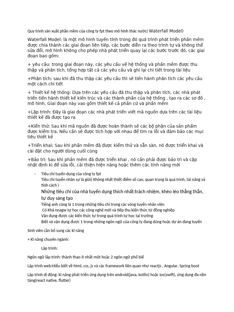 Quy trình sản xuất phần mềm của công ty fpt theo mô hình thác nước | PDF