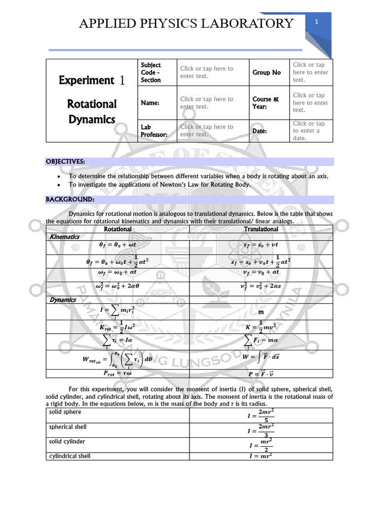 Experiment 1 Rotational Dynamics | PDF