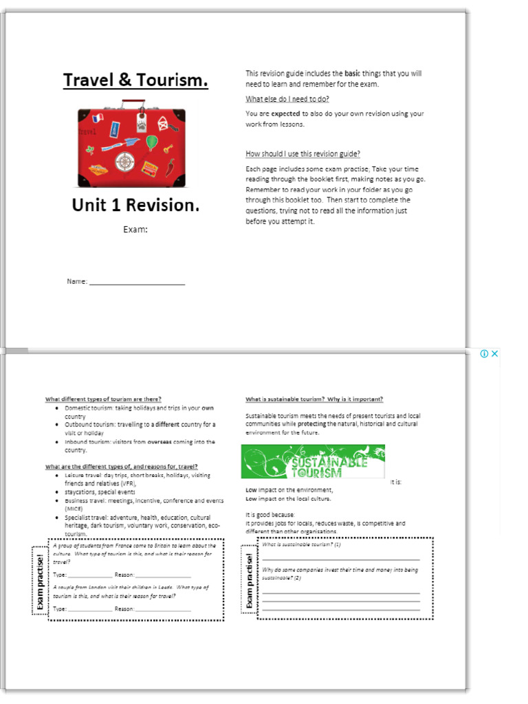 Travel & Tourism. Unit 1 Revision. Exam - PDF | PDF