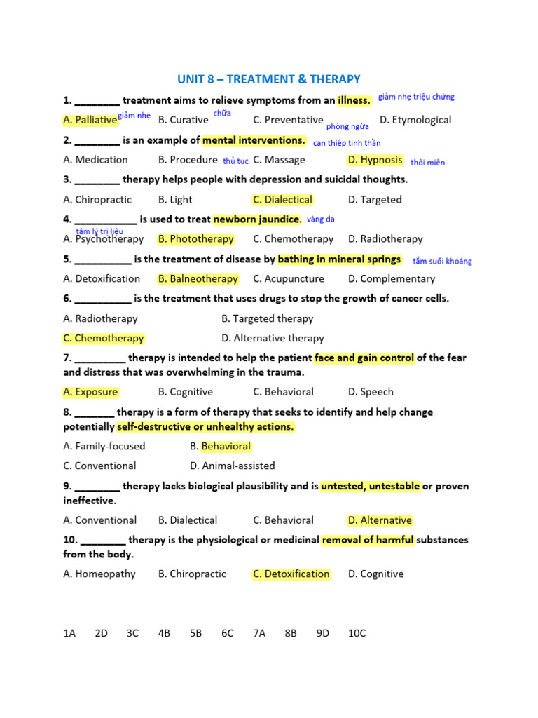Unit 8 - Treatment & Therapy: giảm nhẹ triệu chứng giảm nhẹ chữa phòng ...