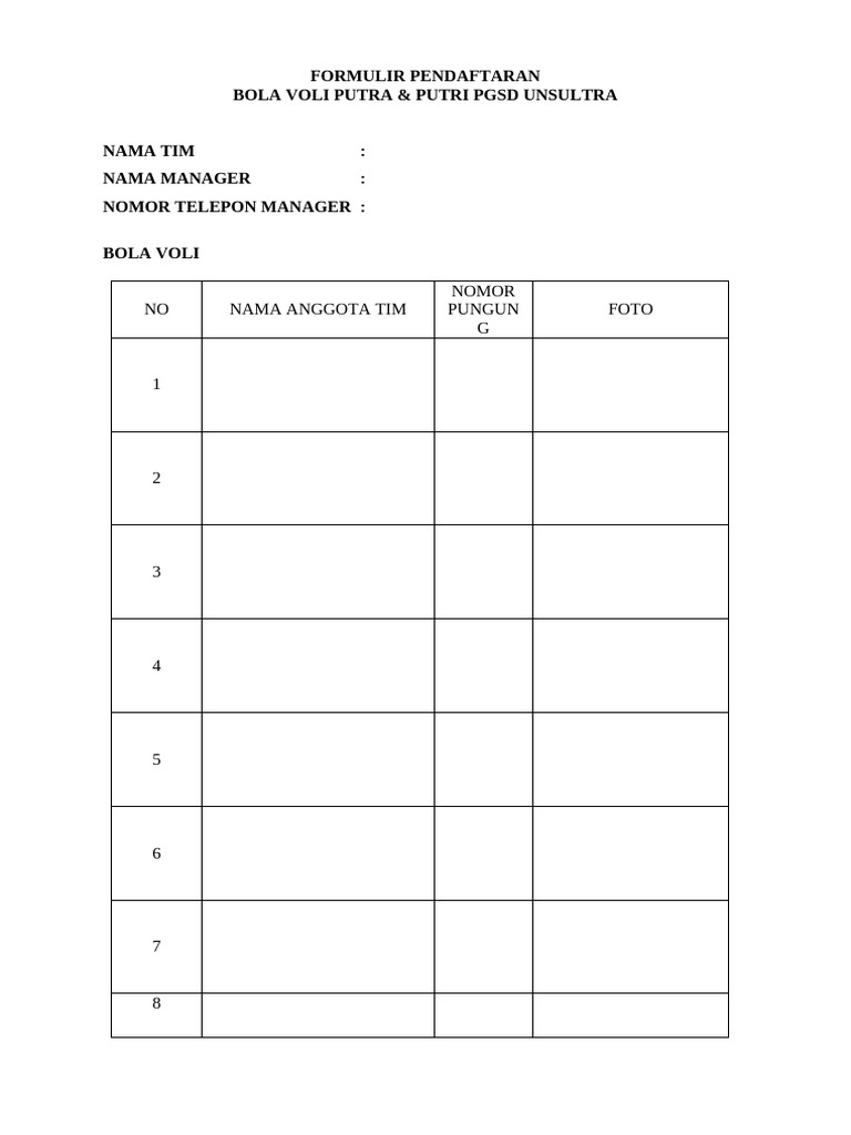 Formulir Pendaftaran Bola Voli | PDF