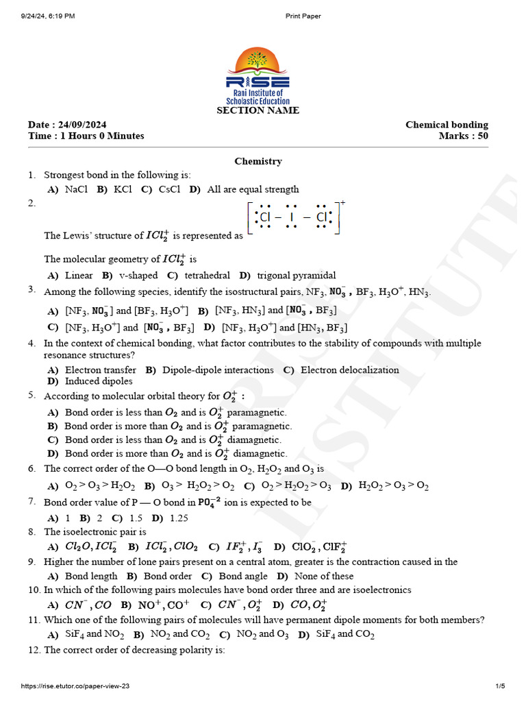 Chemical Bonding Ws 1 | PDF