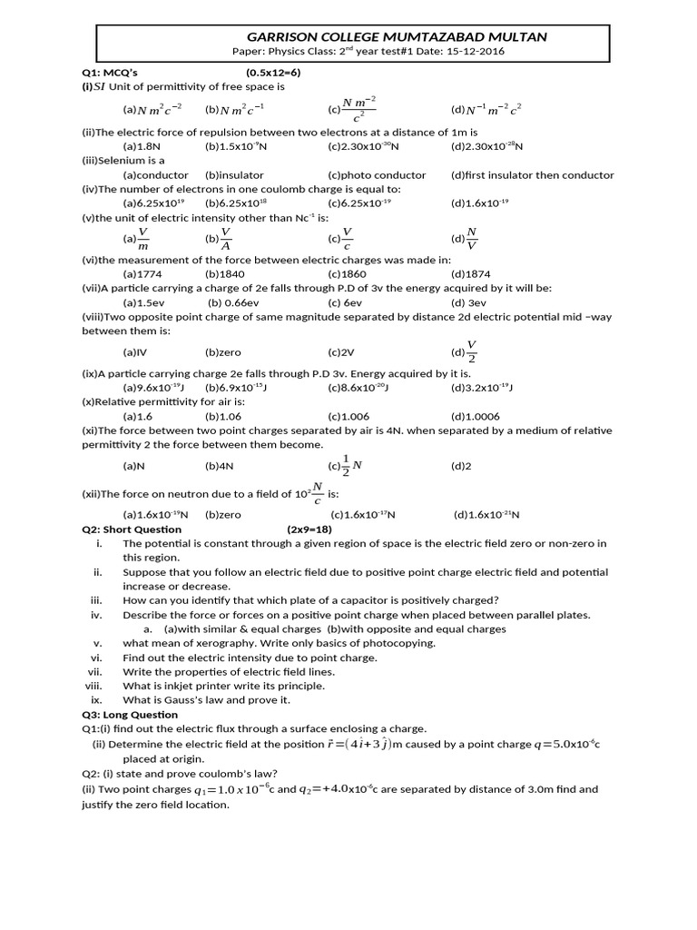 T#1 Phy 2nd Year 15-12-16 | PDF | Electric Field | Force