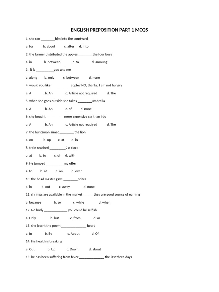 English Preposition Part 1 Mcqs | PDF