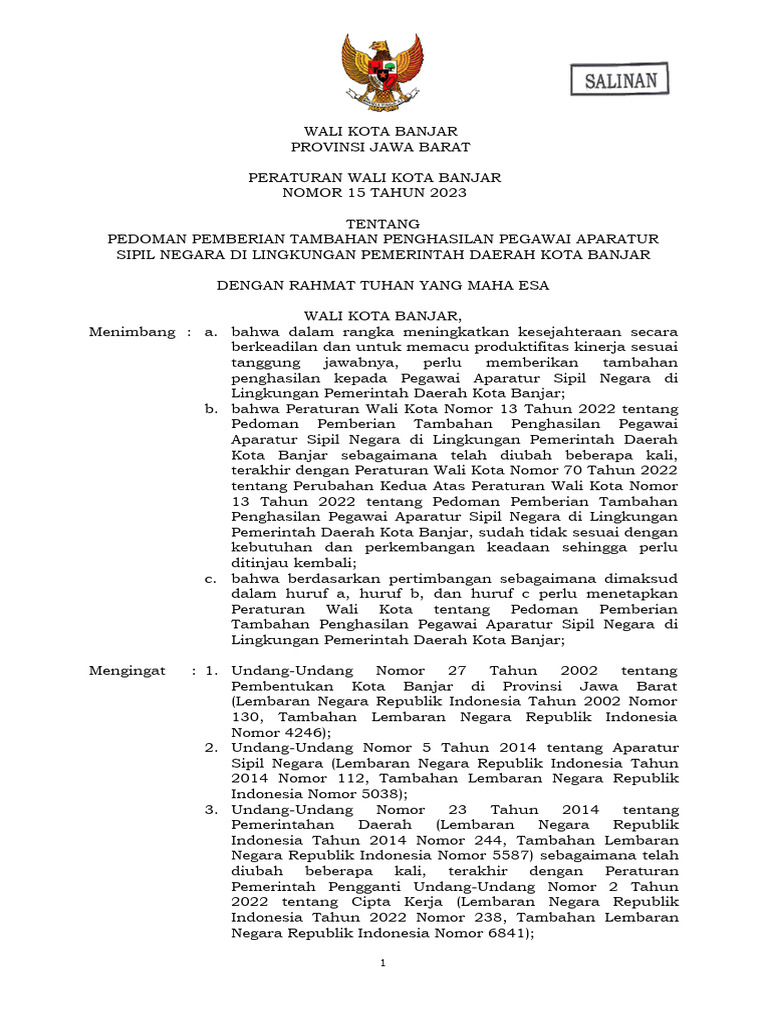 PERWALI No 15 Tahun 2023, Kota Banjar | PDF | Pengelolaan Keuangan & Uang