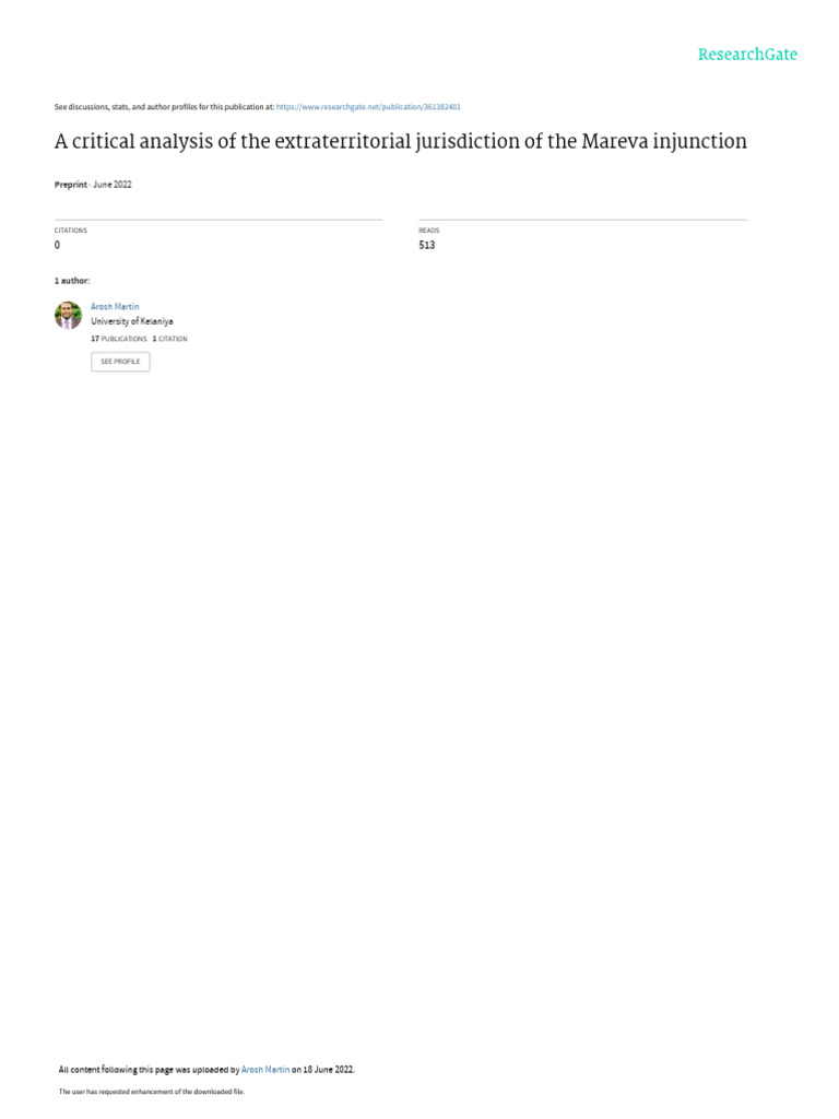 A Critical Analysis of The Extraterritorial Jurisdiction of The Mareva Injunction | PDF