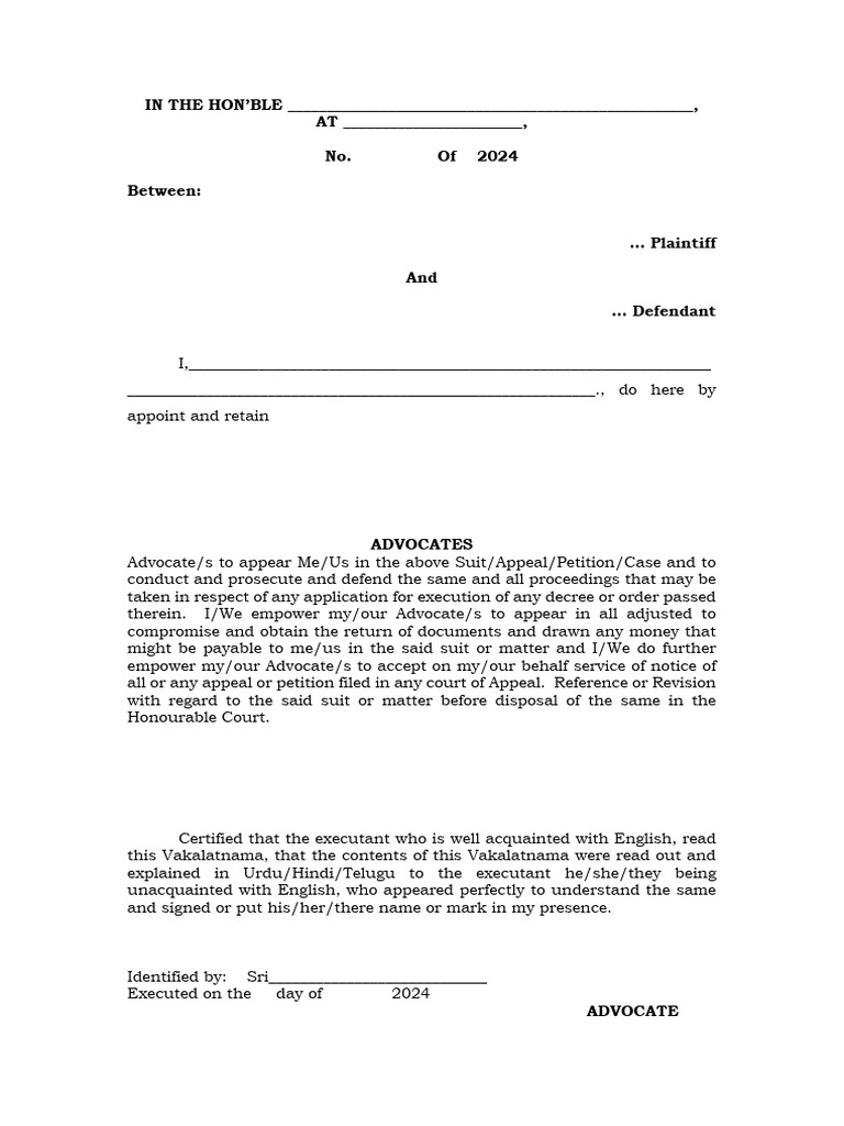 Civil Court Vakalatnama Format | PDF