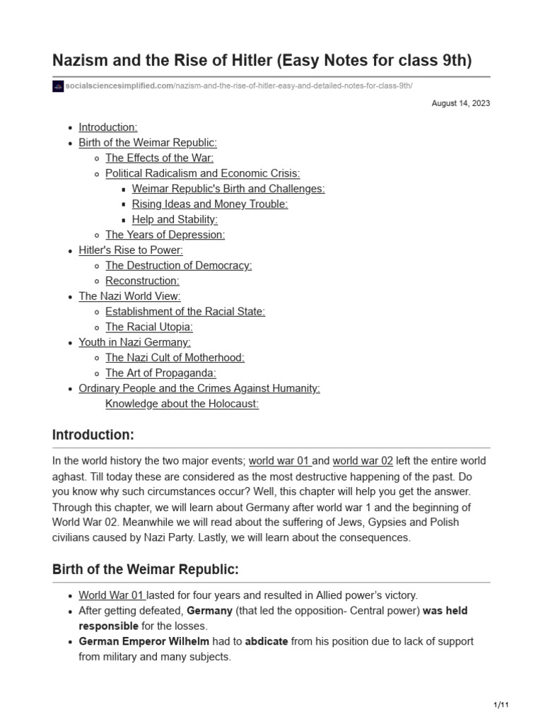 Nazism and The Rise of Hitler Easy Notes For Class 9th History | PDF ...