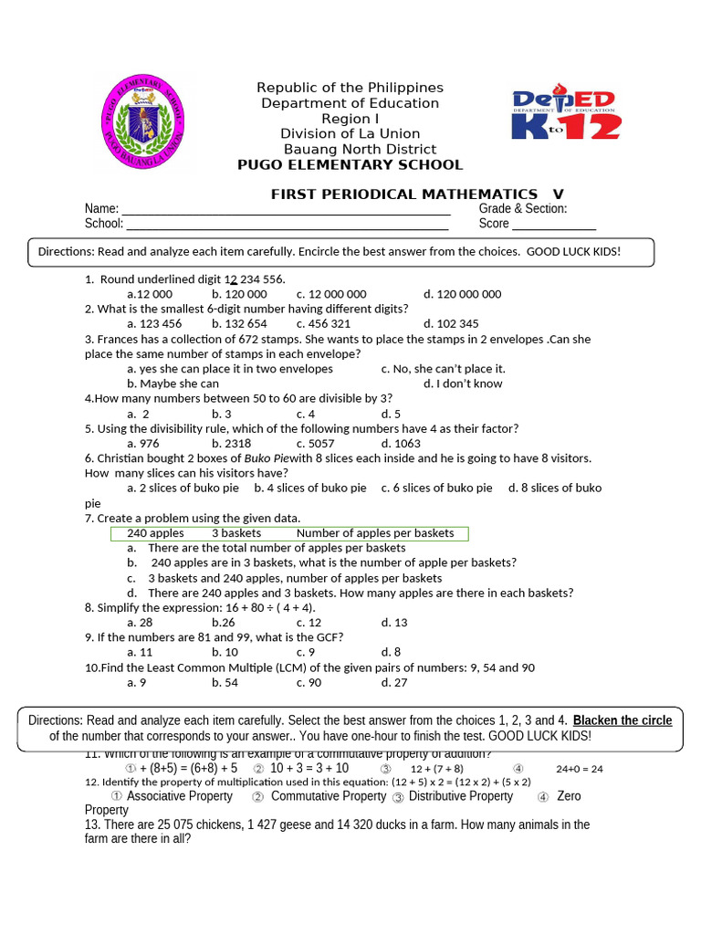 PT_MATH 5 1ST grading | PDF
