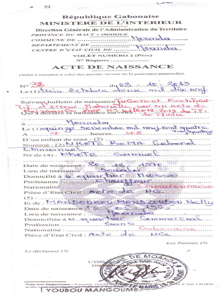 Nkote Boma Gebord Emmanuel ACTE de NAISSANCE | PDF