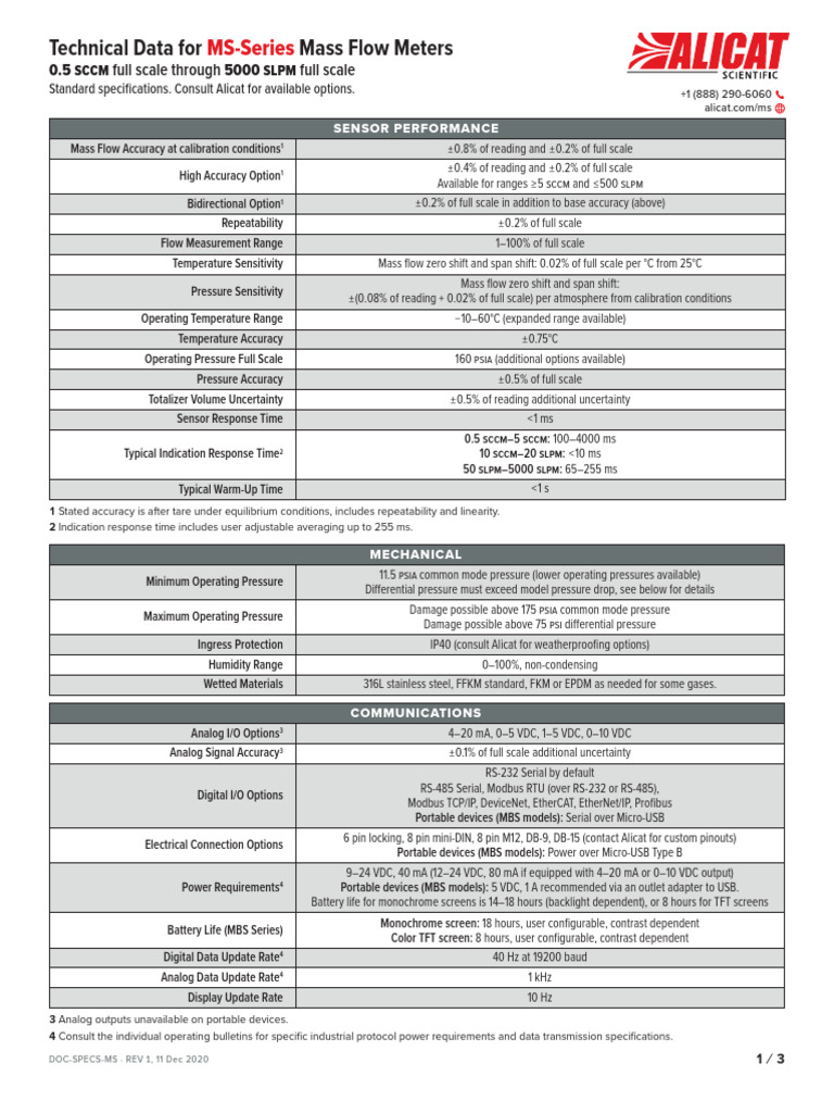 Alicat DOC-SPECS-M-LOW | PDF